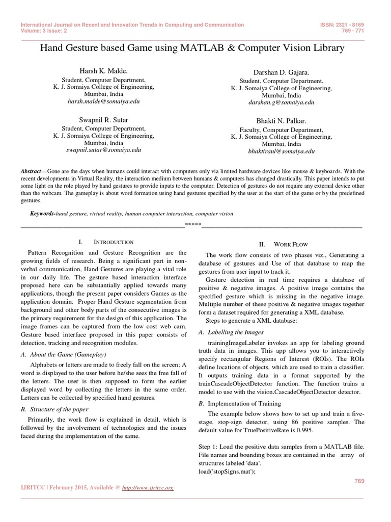 Hand Gesture Based Game Using Matlab And Computer Vision Library Pdf Matlab Databases