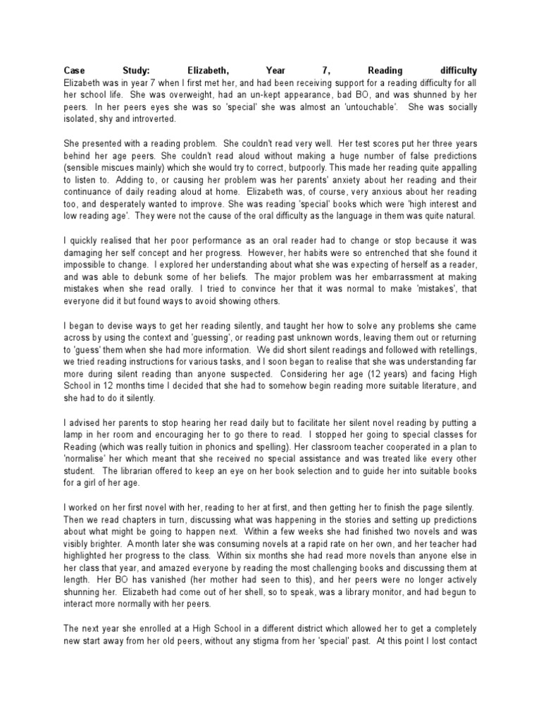 Case Study For Reading Difficulties | PDF | Reading (Process) | Cognition