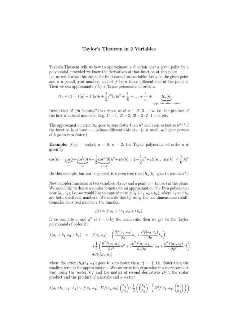 Taylor's Theorem in 2 Variables: 0 00 2 N Approximation Error | PDF ...