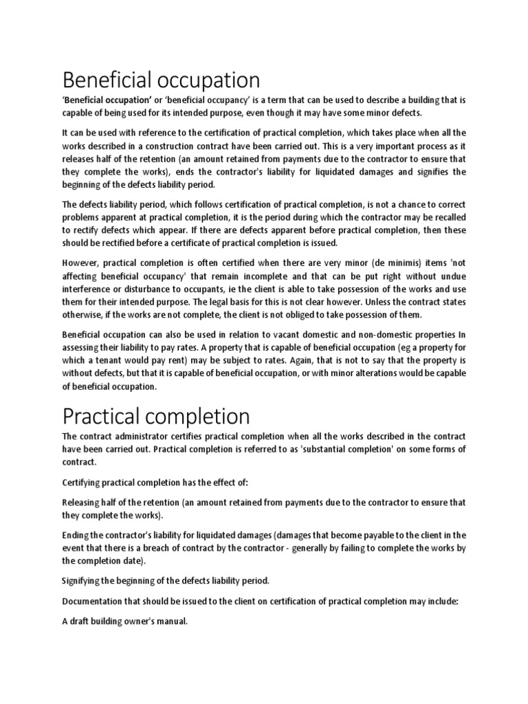 Beneficial Occupancy and Practical Completion | PDF | Damages ...