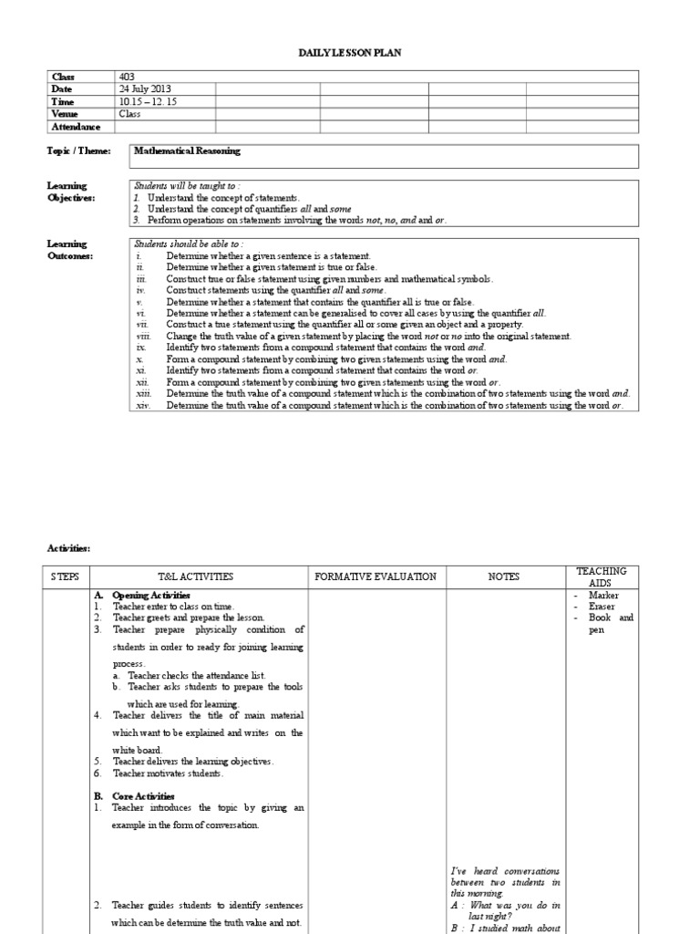 Daily Lesson Plan 1 - Math Reasoning | PDF | Truth | Lesson Plan