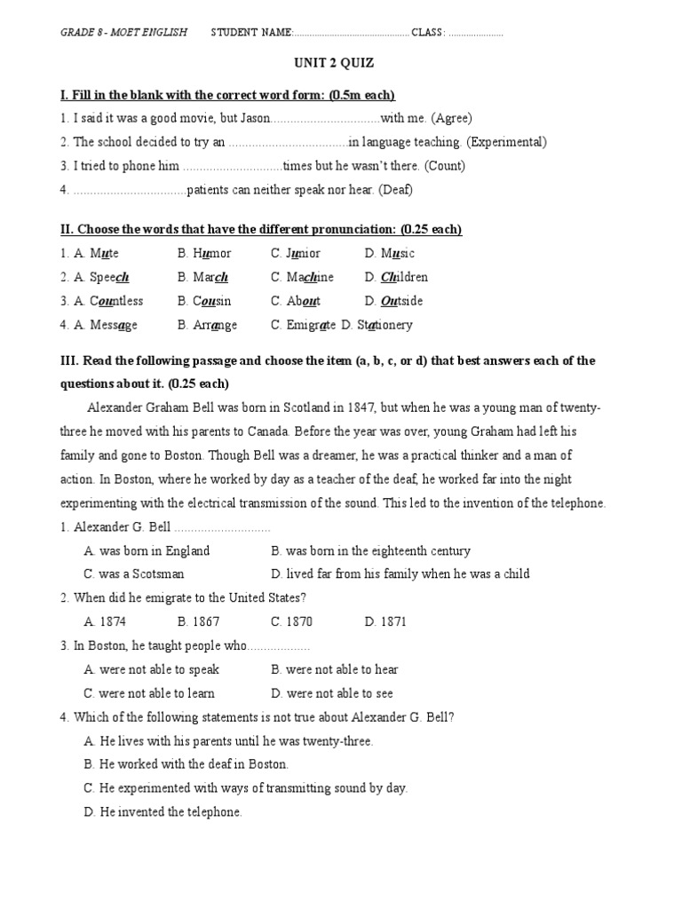 Grade 8 English Unit 2 Quiz | PDF | Hearing Loss | Communication