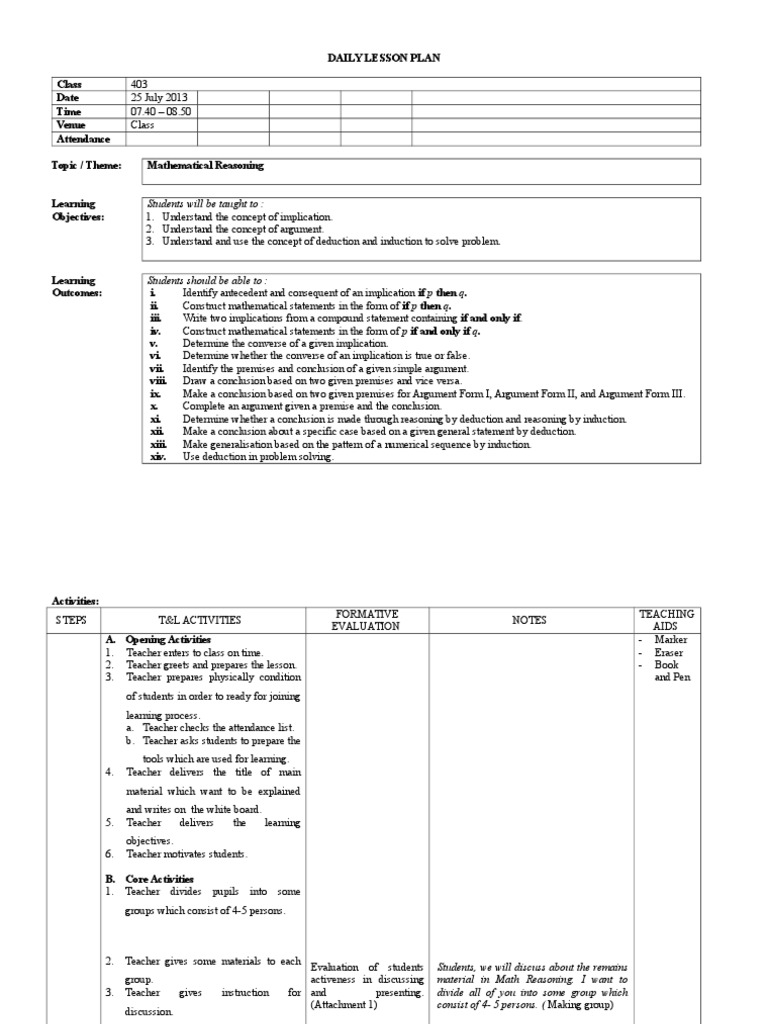 Mathematical Reasoning Lesson Plan | PDF | Argument | Deductive Reasoning