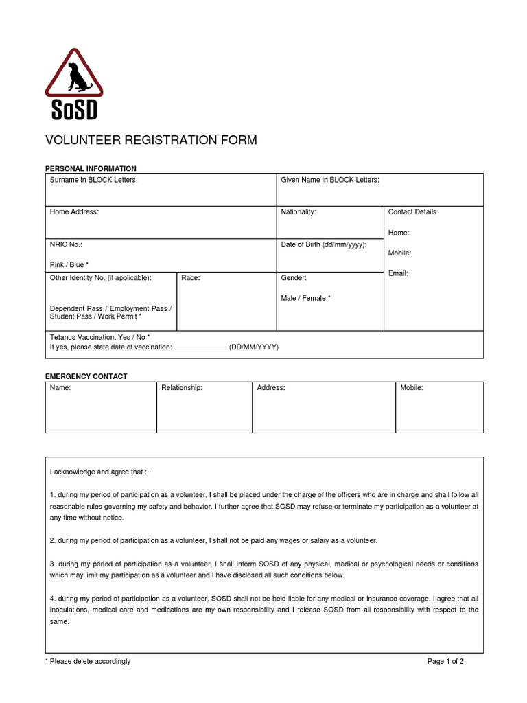 SOSD Volunteer Registration & Indemnity Form | PDF | Volunteering | Virtue