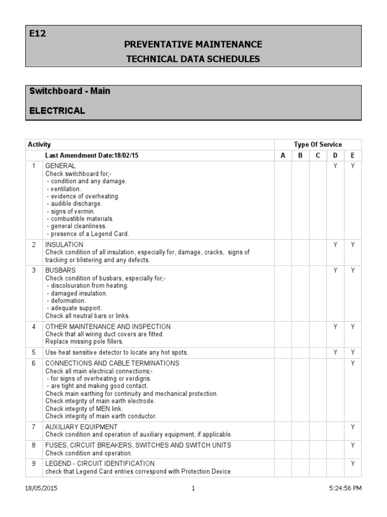 Preventative Maintenance Schedule for Main Switchboard Electrical ...