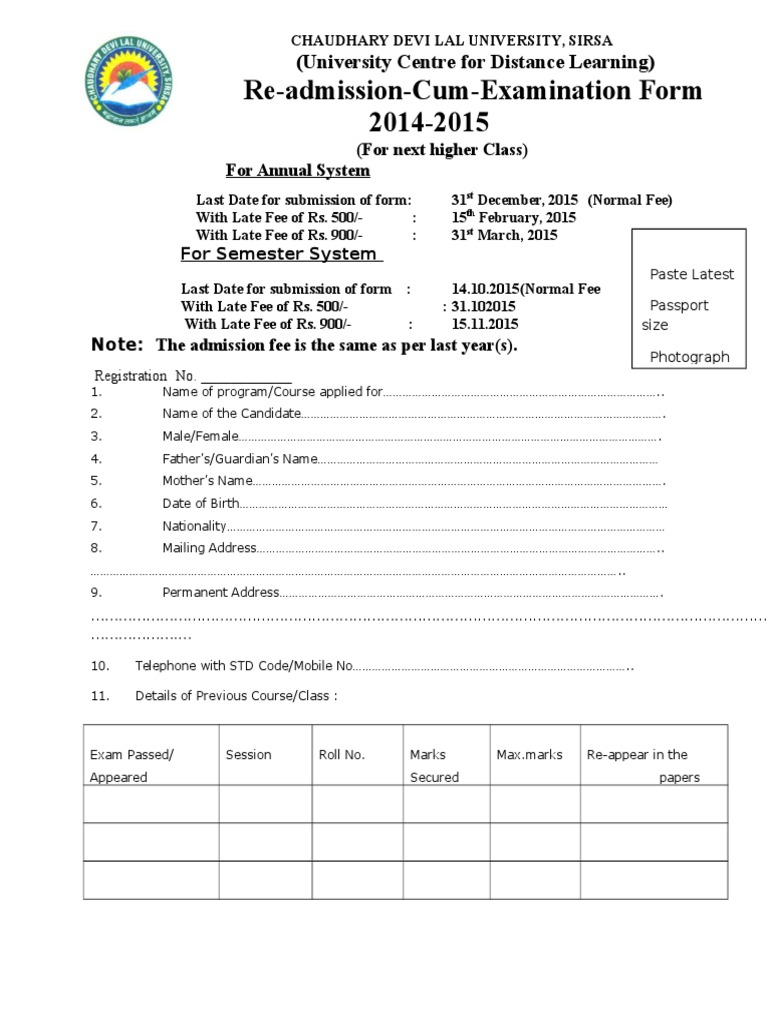 Re-Admission - Cum Examination Form | PDF | Test (Assessment) | Government