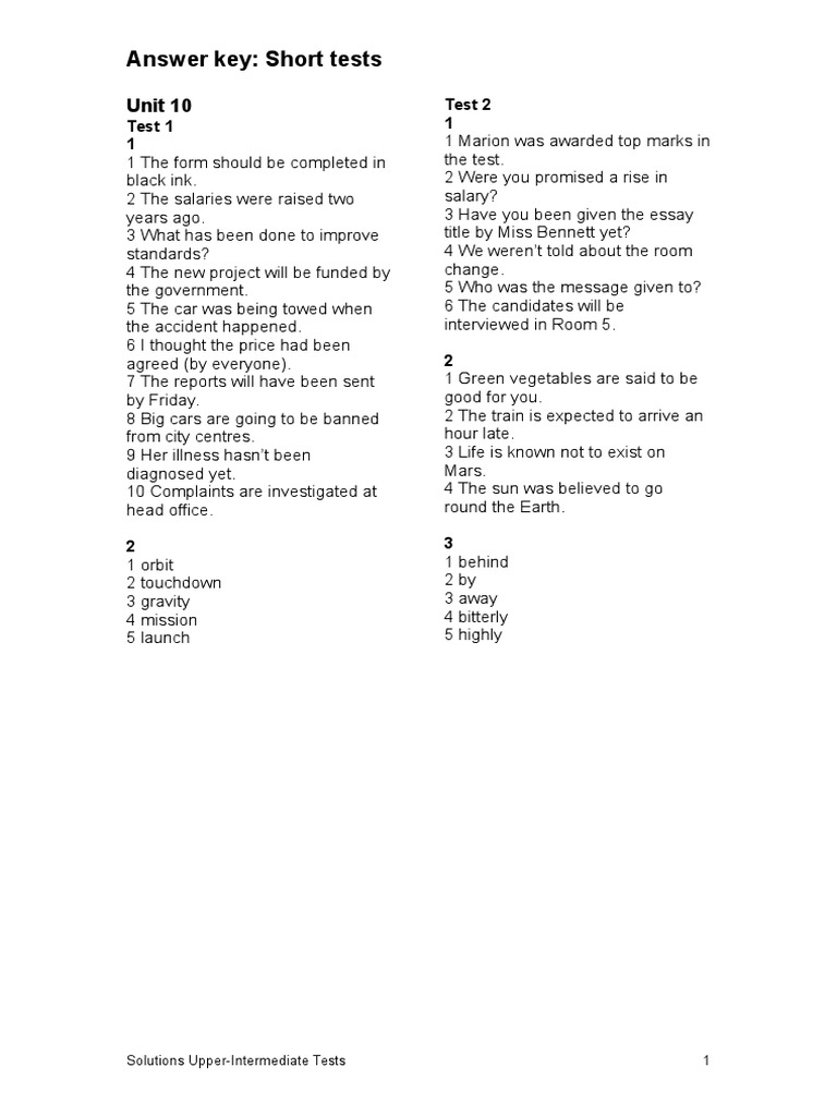 Answer Key: Short Tests: Unit 10 | PDF | Science & Mathematics