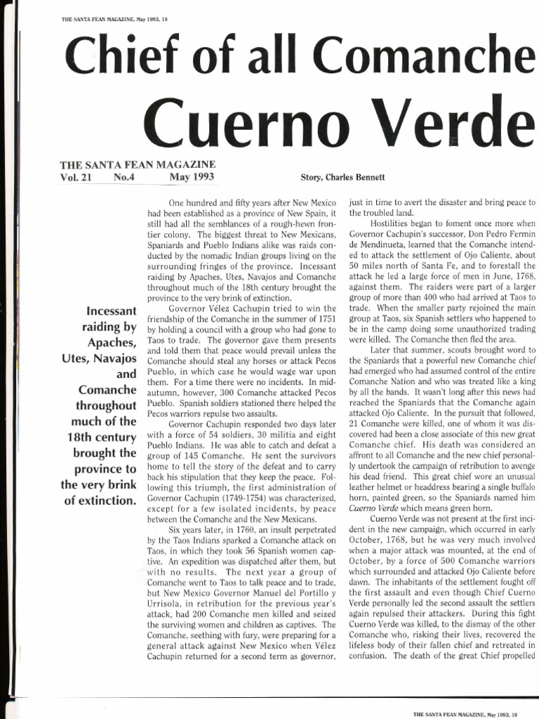 Cuerno Verde, 18th Century Chief of The Comanche Indians THE SANTA FEAN ...