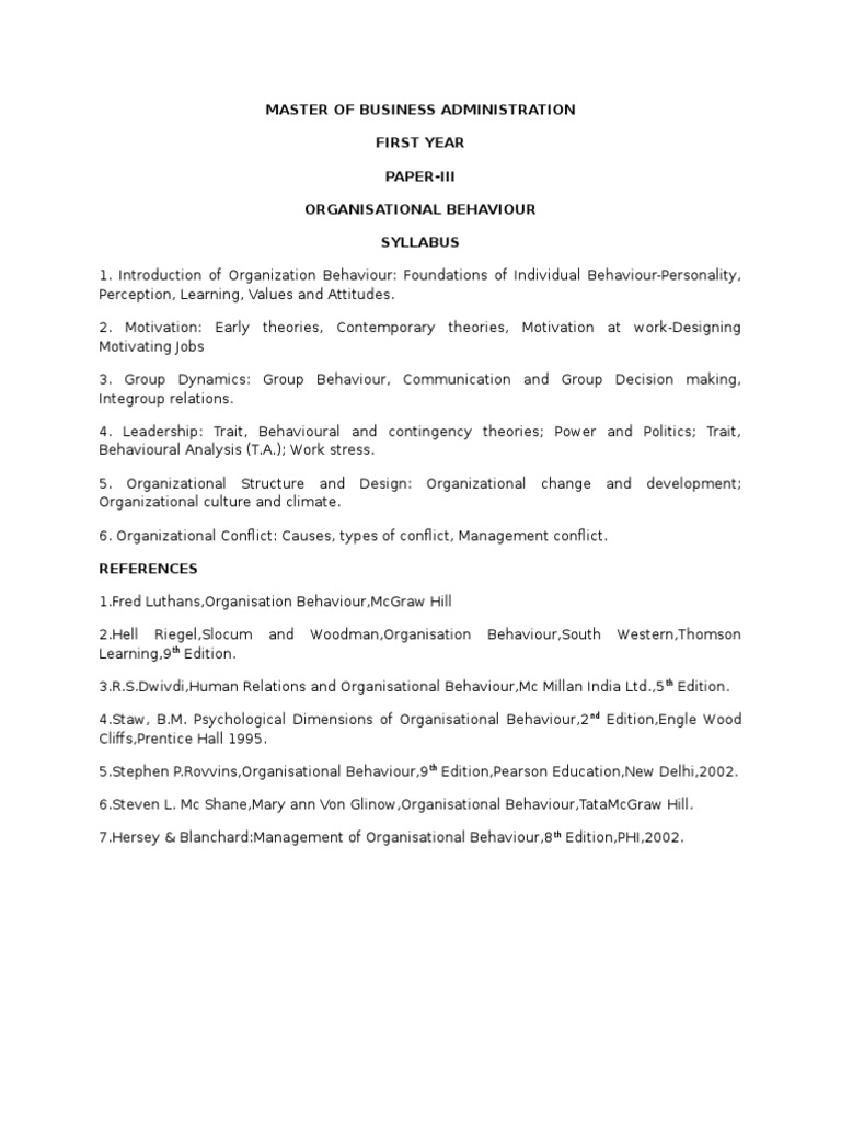 Syllabus of Mba 1ST Sem | PDF | Organizational Behavior | Economics