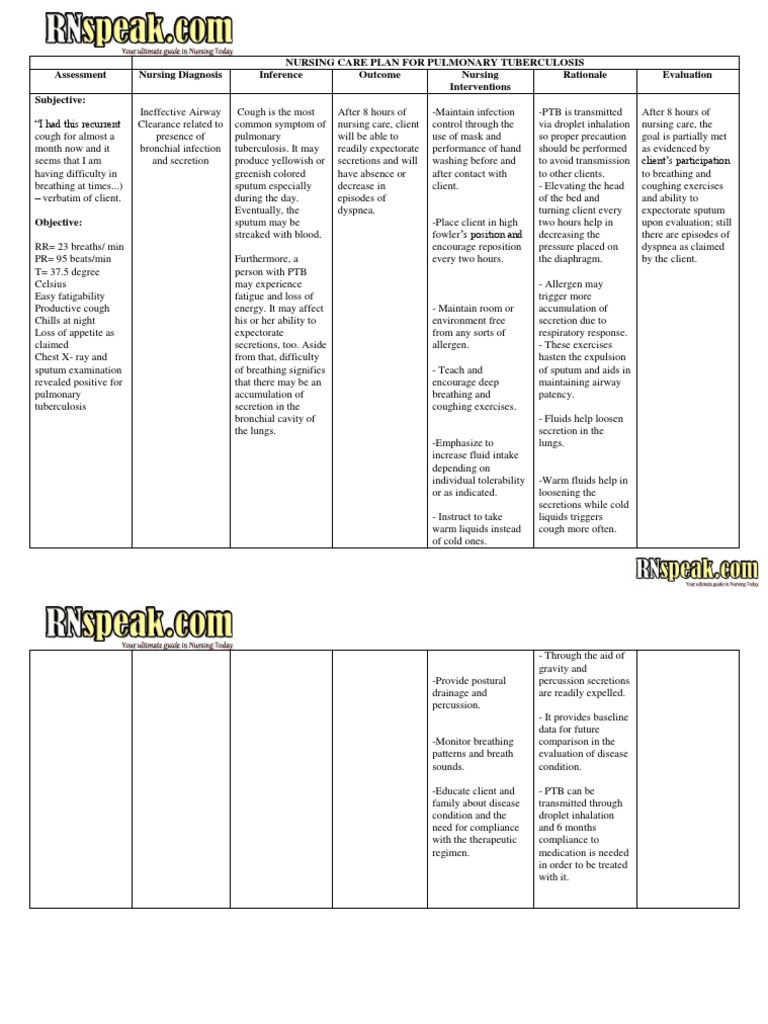 Nursing Care Plan for Pulmonary TB | PDF | Cough | Tuberculosis