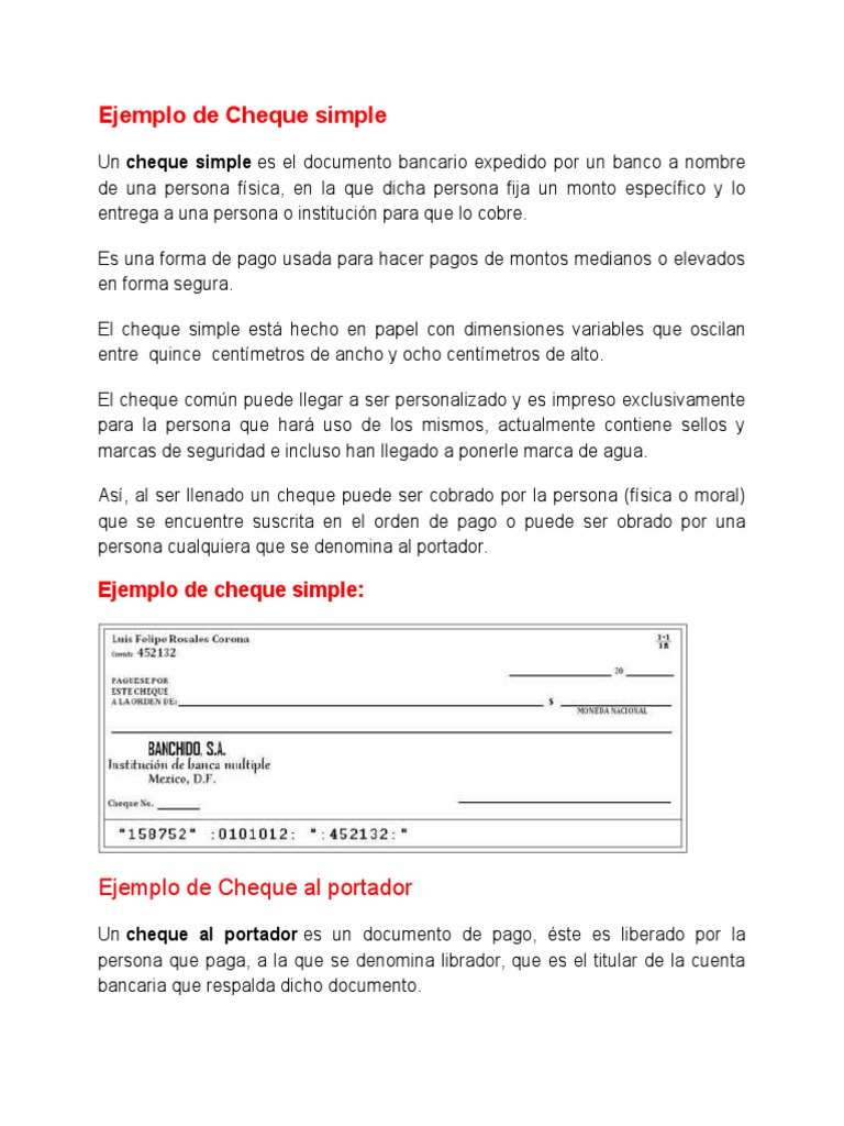 Ejemplo de Cheque Simple | Cheque | Servicios financieros