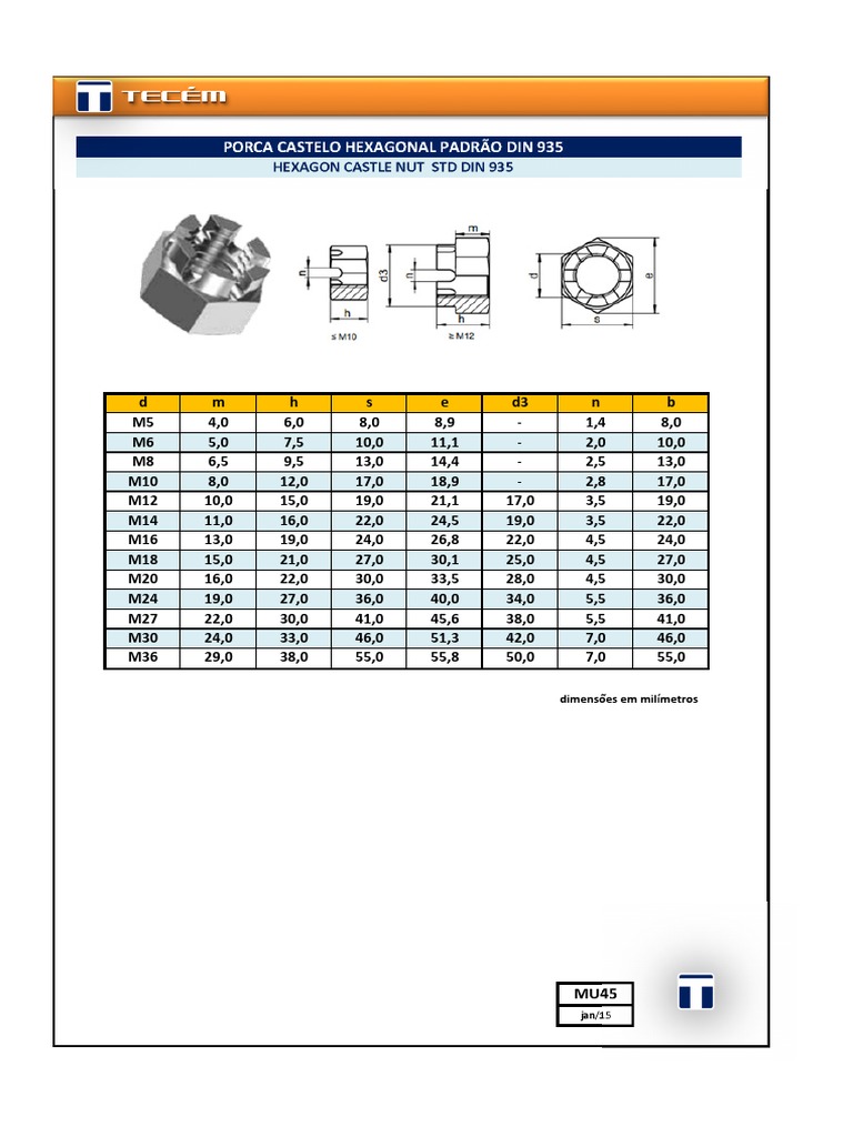 Mu45 Porca Castelo Hexagonal Padrao Din 935 | PDF
