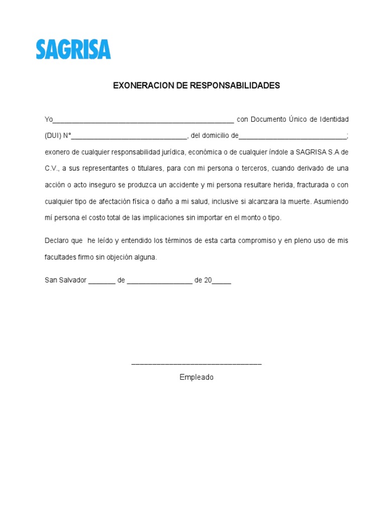Formato de Carta de Exoneracion de Responsabilidades | PDF | Ciencias ...