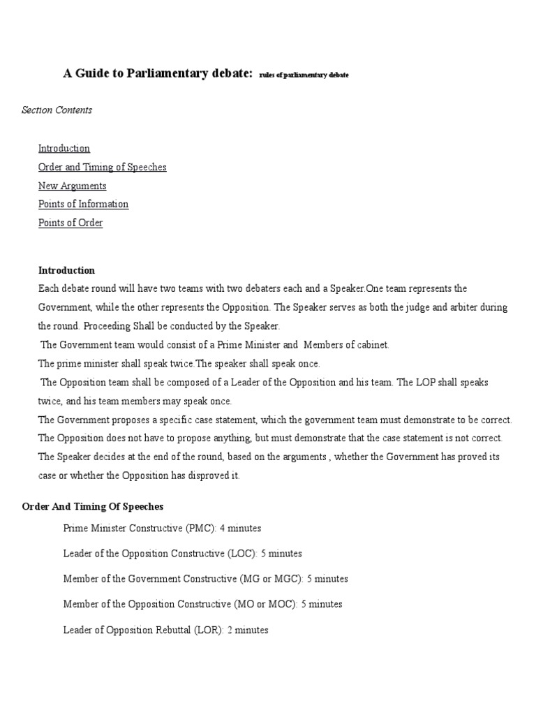A Guide To Parliamentary Debate:: Order and Timing of Speeches New ...