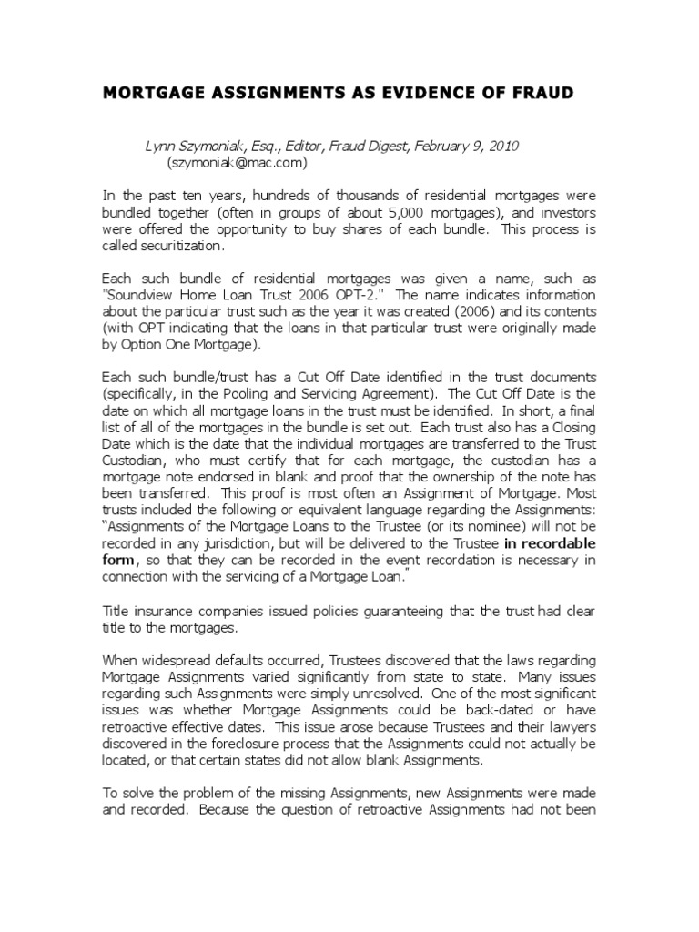 Mortgage Assignments As Evidence Of Fraud Pdf Mortgage Loan