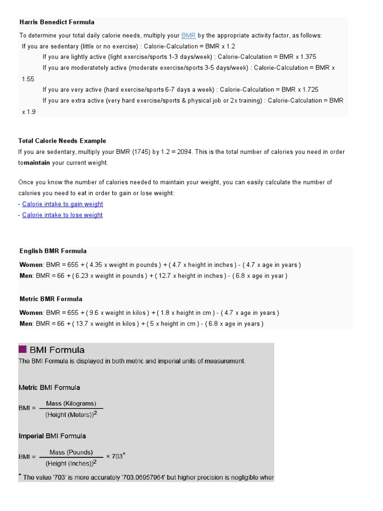 Harris Benedict Formula | PDF