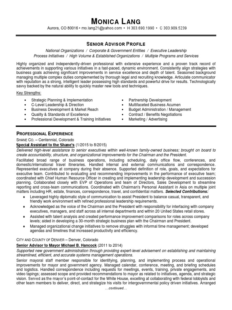 Monica Lang: Senior Advisor & Executive Leader | PDF