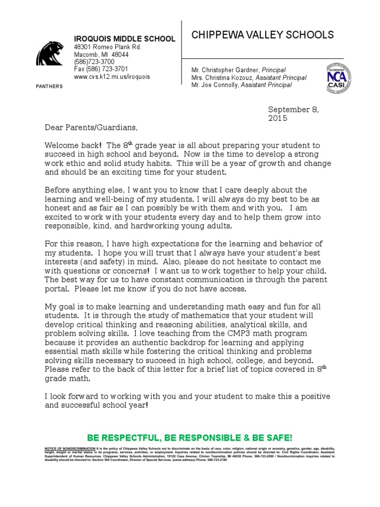 Welcome Letter for 8th Grade Parents | PDF | Equations | Discrimination