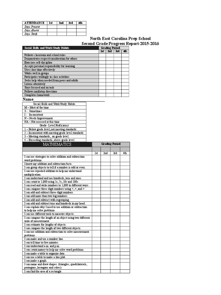 Second Grade Report Card Samples