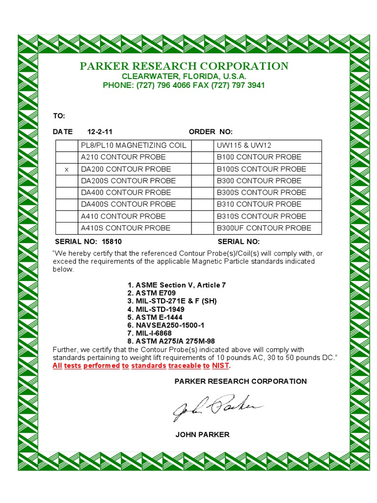 Parker Research Contour Probe Certification | PDF