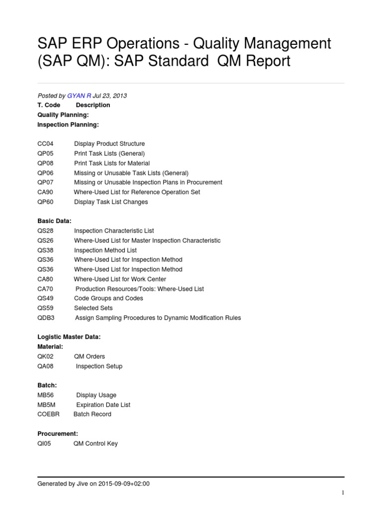 Sap Standard QM Reports | PDF | Quality Assurance | Production And ...