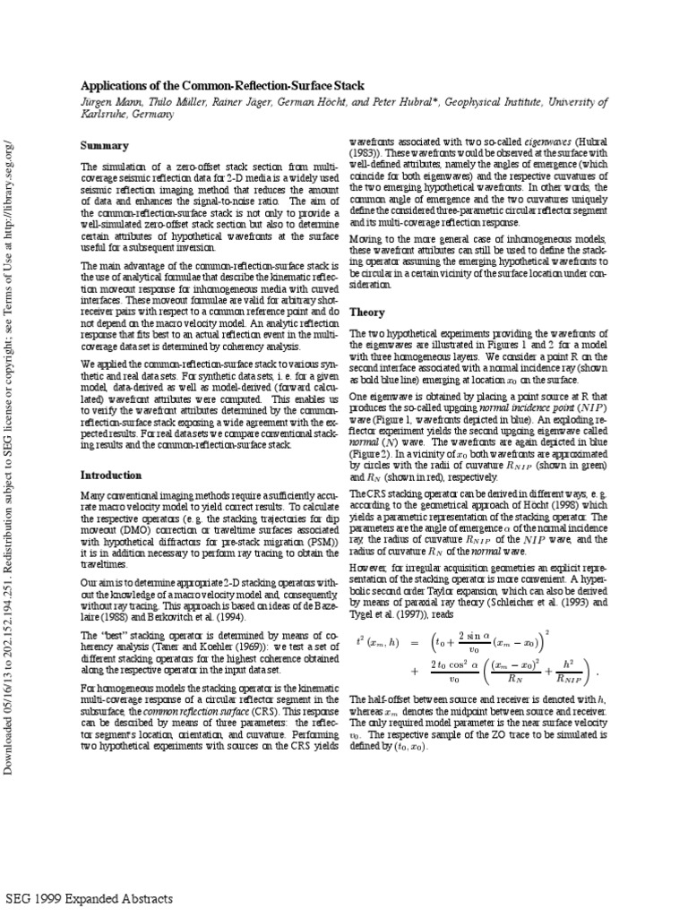 Applications Of The Common Reflection Surface Stack Pdf Reflection