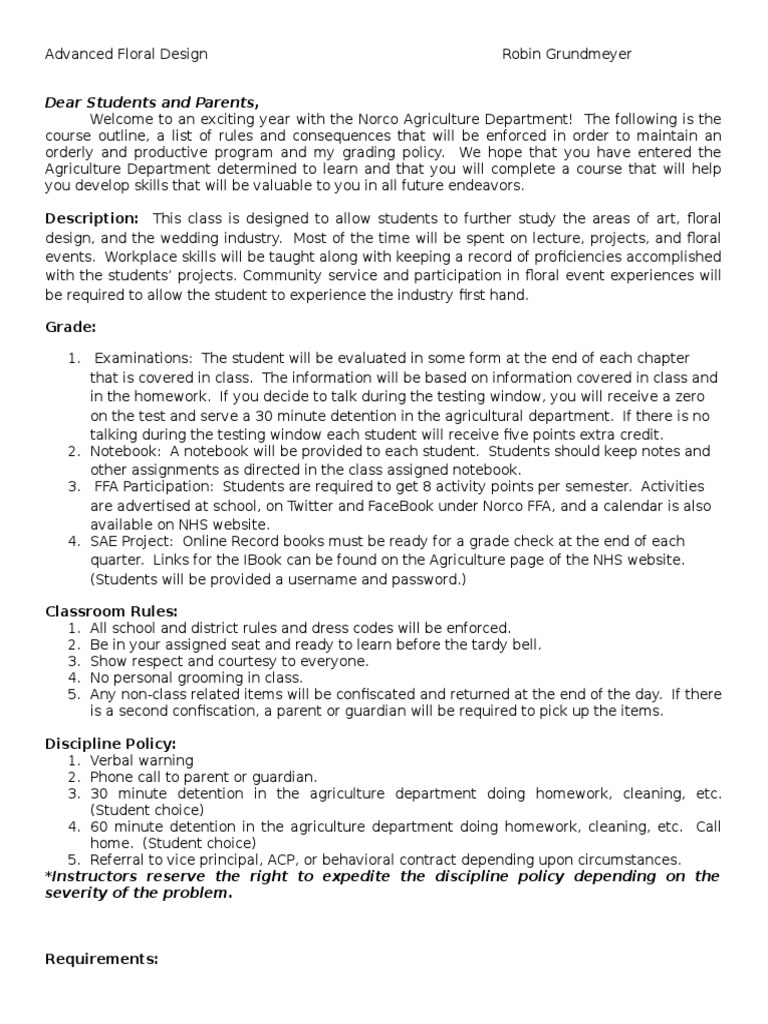 Advanced Floral Design Syllabus 15 | PDF | Homework | Pedagogy