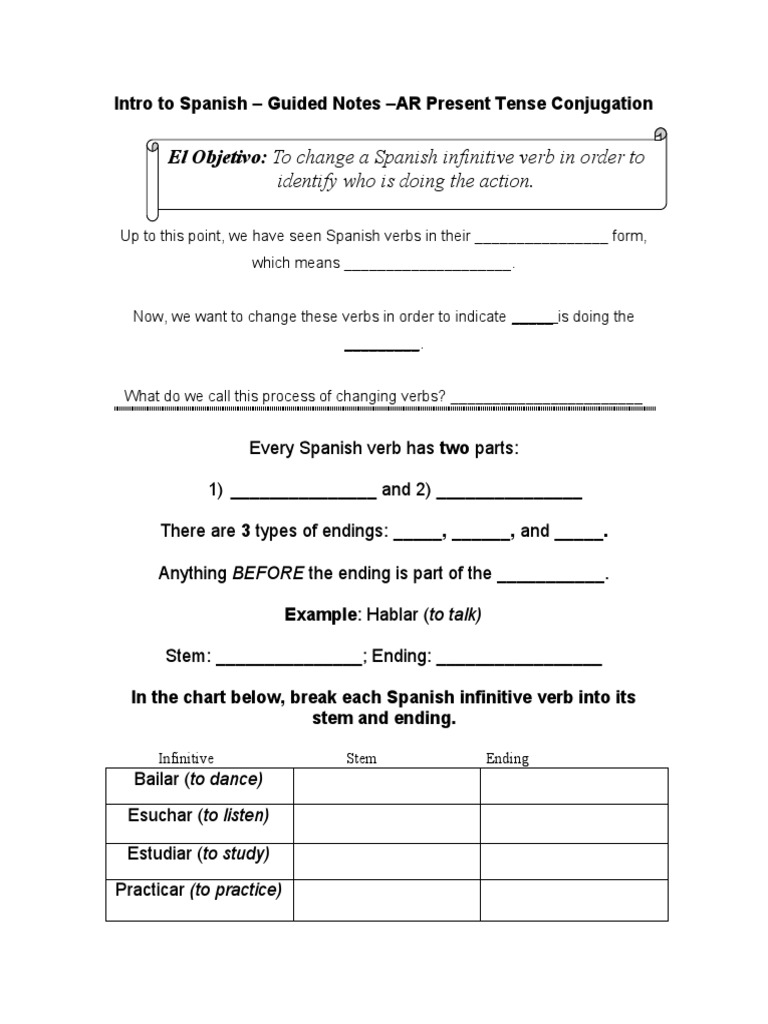 Intro - Guided Notes - Present Tense Conjugation - Day 2 | PDF ...