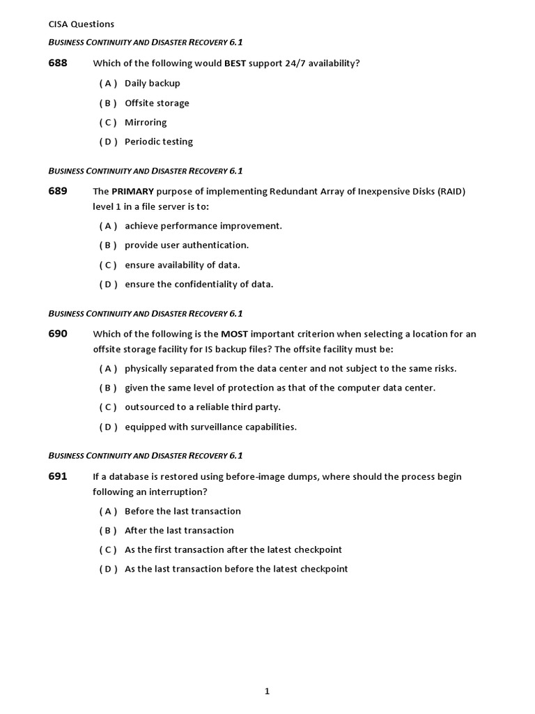 CISA Questions Business Continuity and Disaster Recovery | PDF ...
