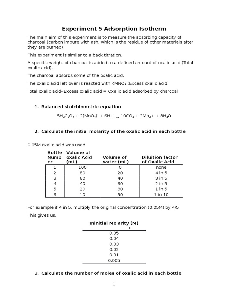 Experiment 5 - Adsorption Isotherm Calculations | PDF | Molar ...