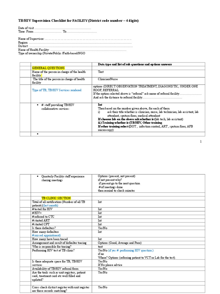 TB/HIV Supervision Checklist Template | PDF | Tuberculosis | Pharmacy