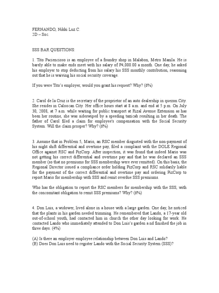 SSS Bar Questions | PDF | Social Security (United States) | Pregnancy