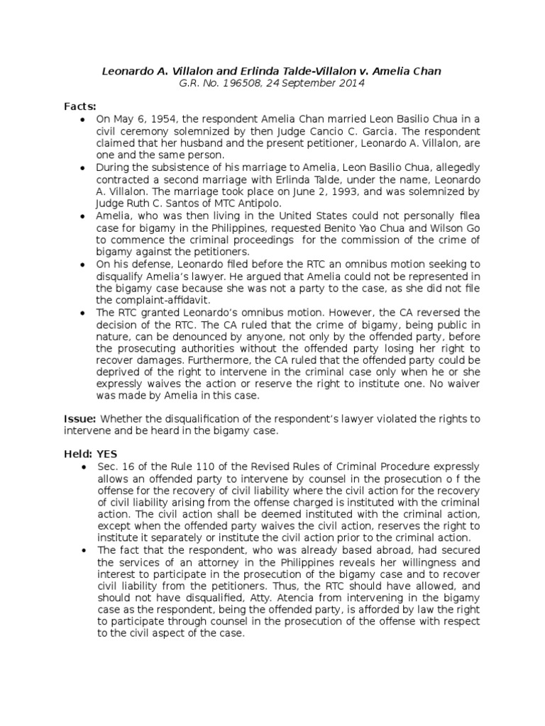 Leonardo A. Villalon and Erlinda Talde Villalon v. Amelia Chan | PDF ...