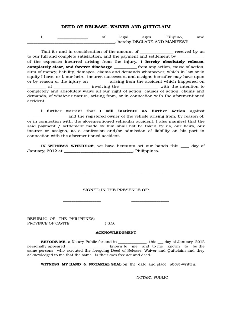 Waiver Sampleer and Quitclaim Sample | PDF | Social Science | Law