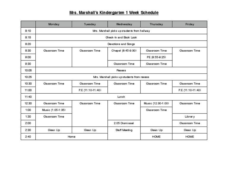 Mrs. Marshall's Kindergarten Weekly Schedule | PDF | Language Arts ...
