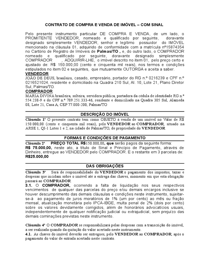 MODELO de Contrato de Compra Venda de Imovel Com Sinal | Economias ...