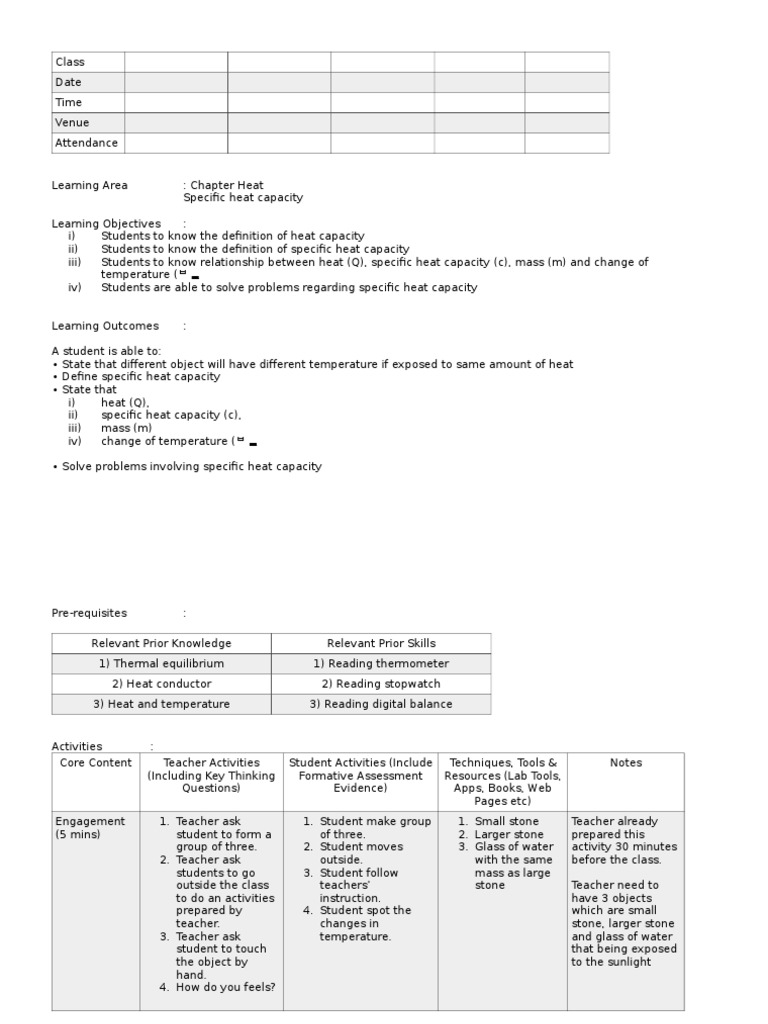 Lesson Plan Specific Heat Capacity | PDF | Heat Capacity | Heat
