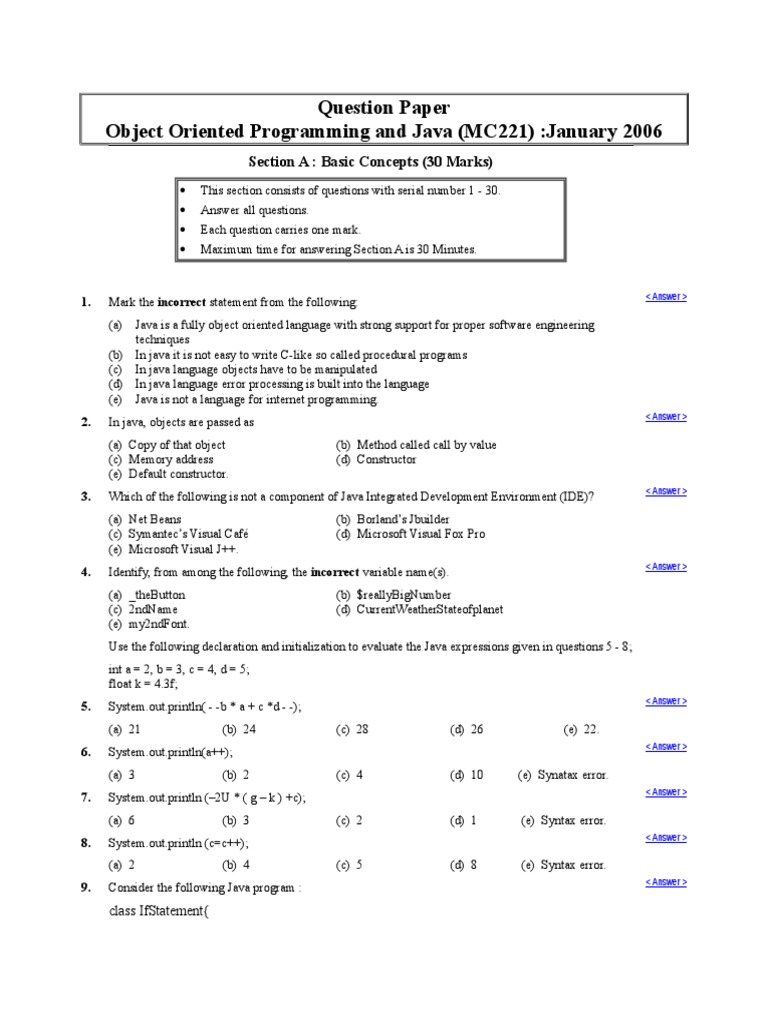 Object Oriented Programming and Java (MC221) January 2006 | PDF ...