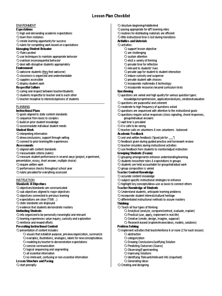 Lesson Plan Checklist | PDF | Lesson Plan | Teachers