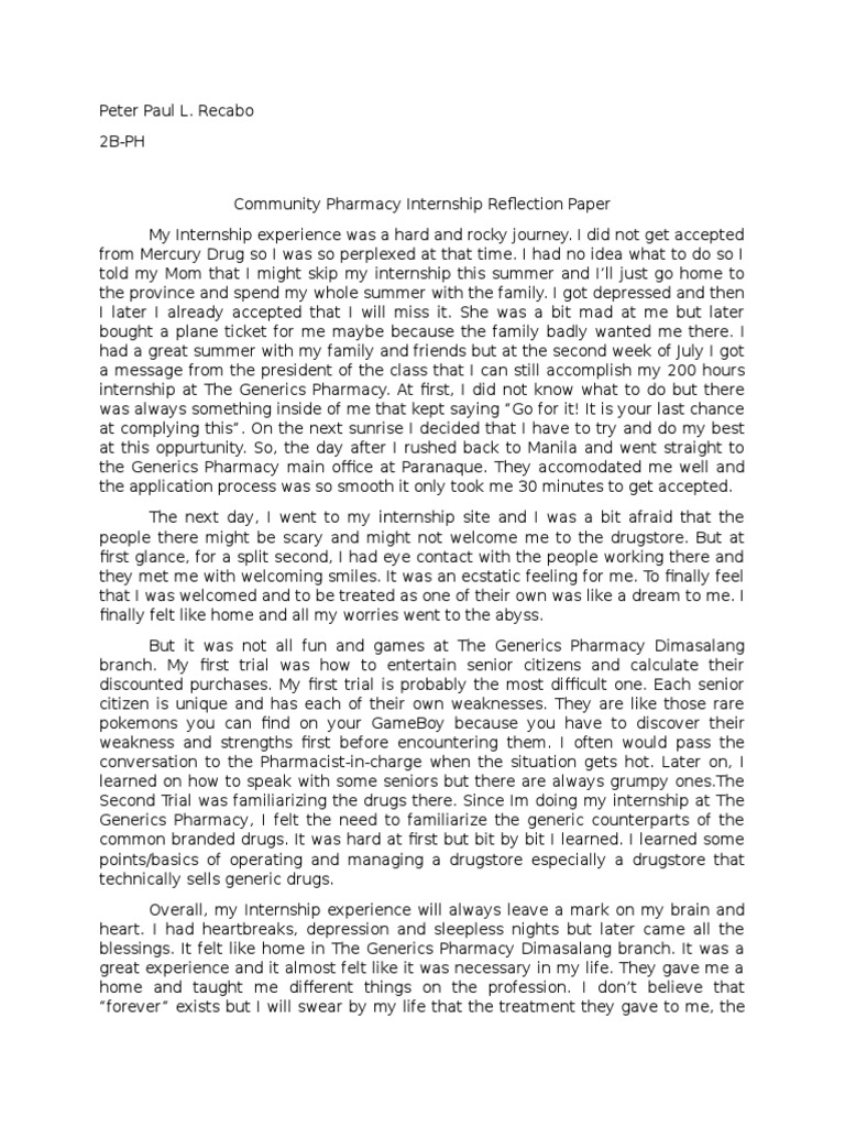 Community Pharmacy Internship Reflection Paper | Generic Drug | Pharmacy