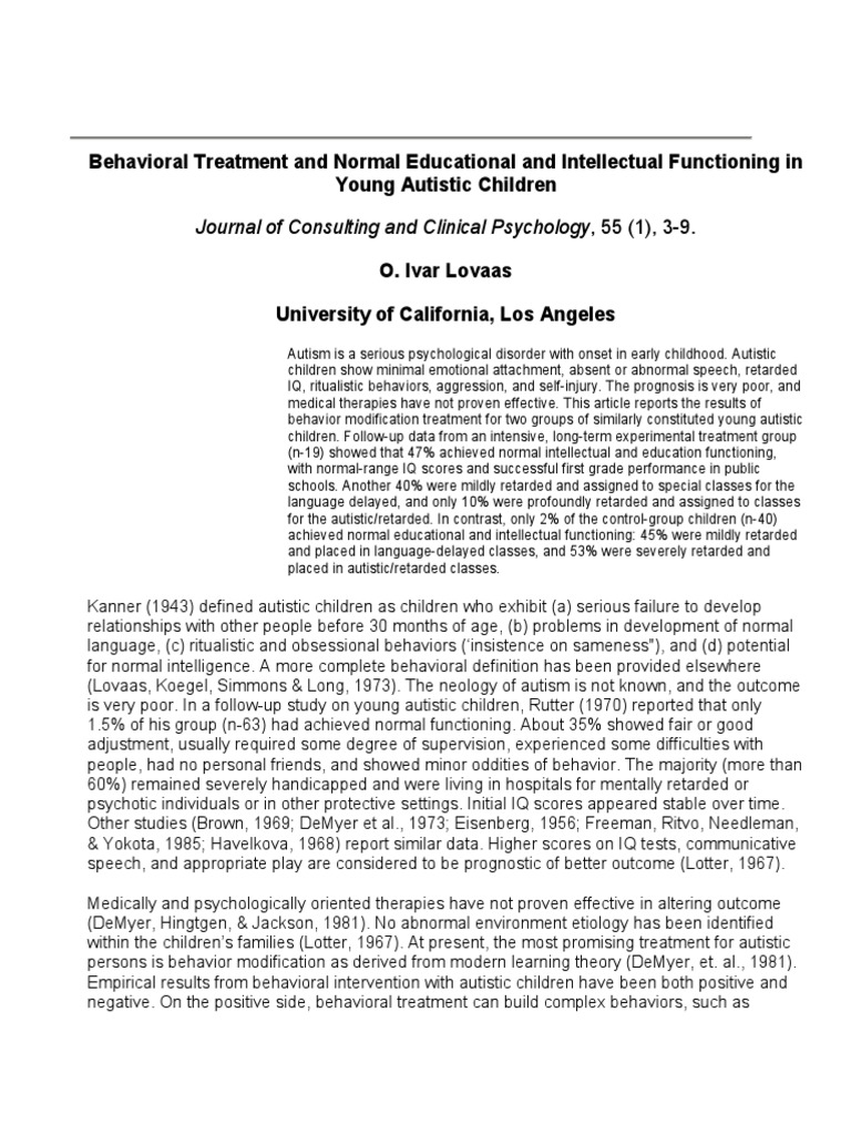 Lovaas 1987 | Scientific Control | Autism