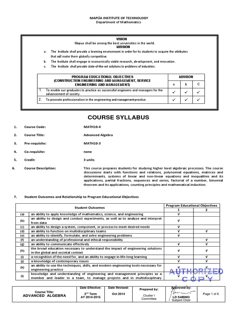 Math 10-4 Advanced Algebra | PDF | Matrix (Mathematics) | Determinant