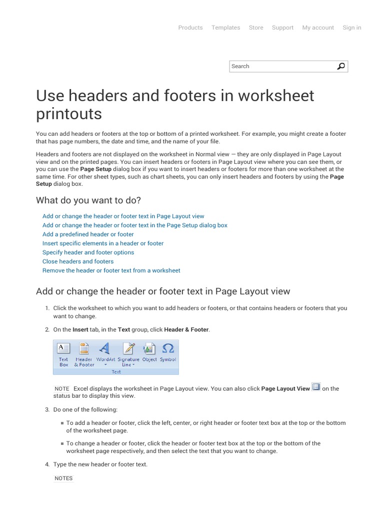 Use Headers and Footers in Worksheet Printouts | PDF | Page Layout ...