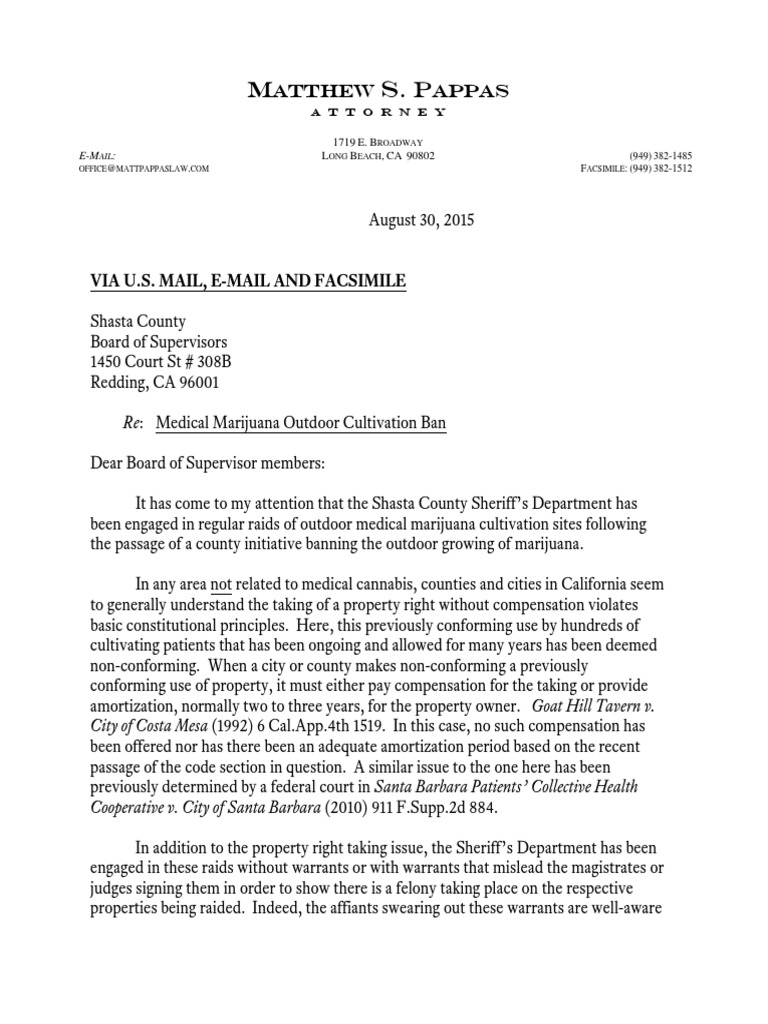 Letter To Shasta County Re Improper Cannabis Raids and Ban Ordinance ...