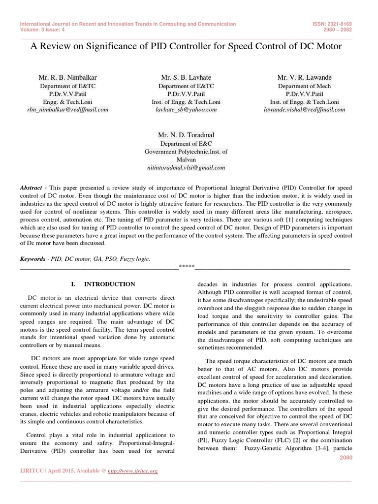 A Review On Significance Of Pid Controller For Speed Control Of Dc Motor Download Free Pdf