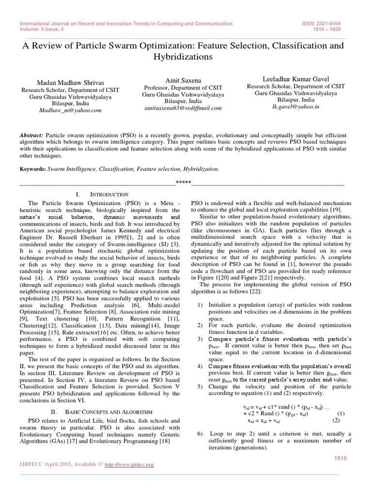 A Review of Particle Swarm Optimization Feature Selection Classification and Hybridizations ...