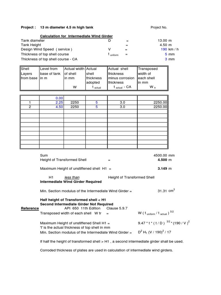 Calculation for Required Intermediate Wind Girder for a 13 Meter ...