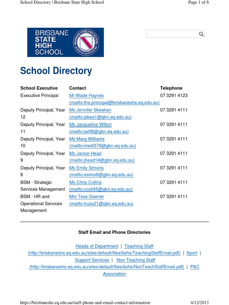 Brisbane State High Staff Contacts | PDF | Further Education | Schools