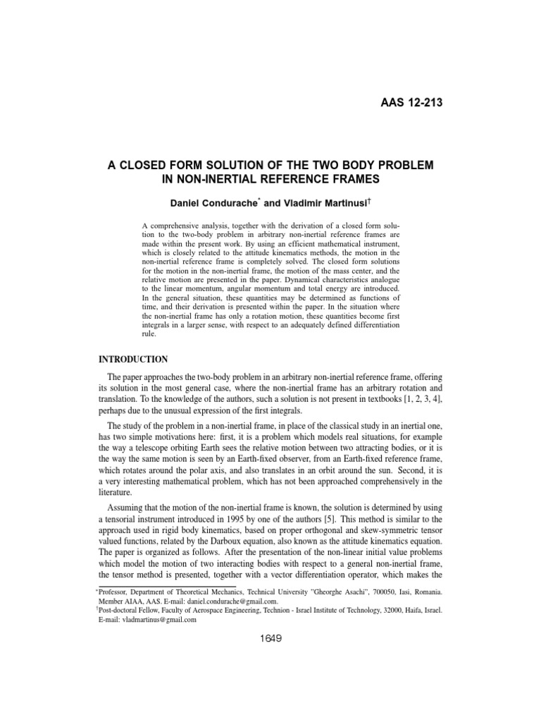 A Closed Form Solution of The Two Body Problem in Non-Inertial Reference Frames | PDF ...