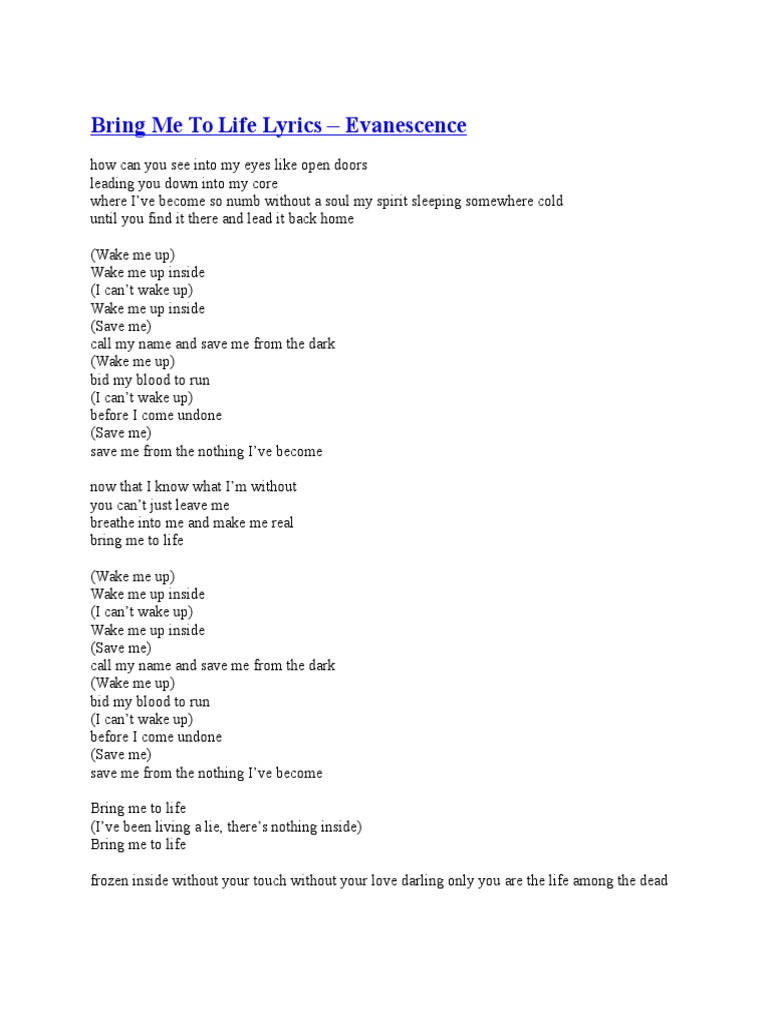 Bring Me To Life Lyrics | PDF | Songs Written | Number One Singles